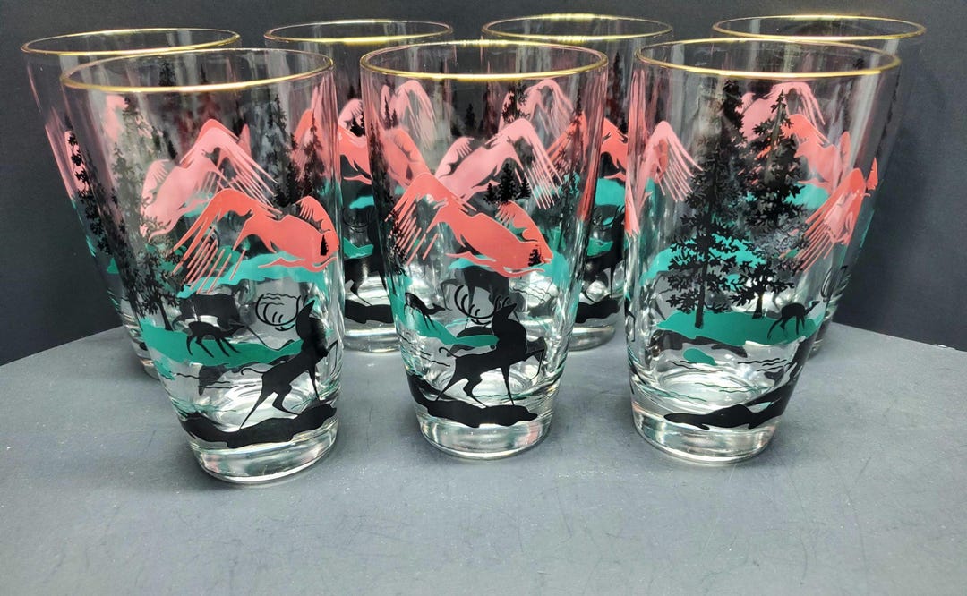 7 Vintage Hazel Atlas Highball Glasses Pink Turquoise Stag Deer ...