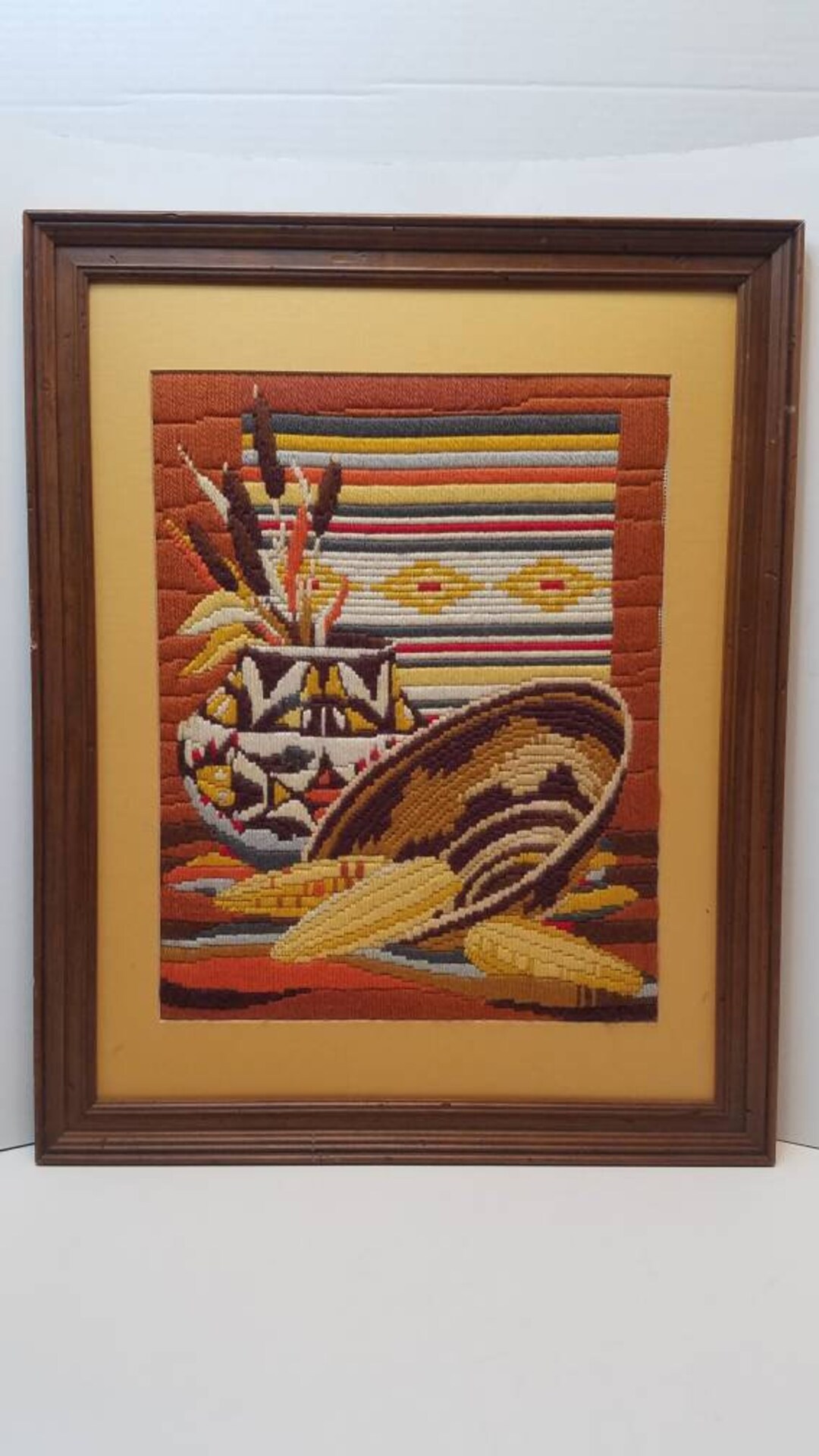 Vintage Framed Embroidery Needlepoint Crewel Yarn Art Native American ...