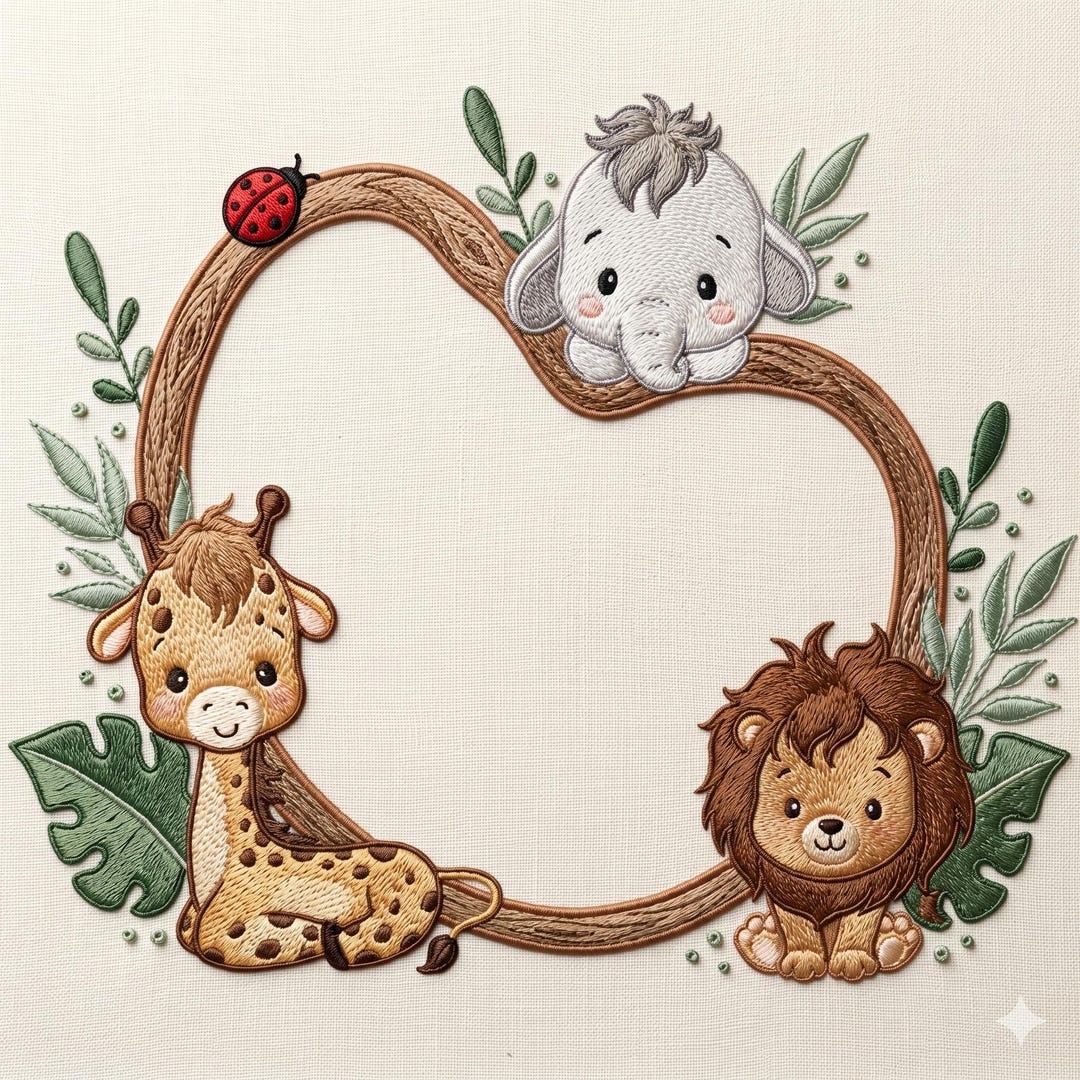 Jungle Animals Safari Frame Embroidery Design, Lion Elephant Giraffe ...