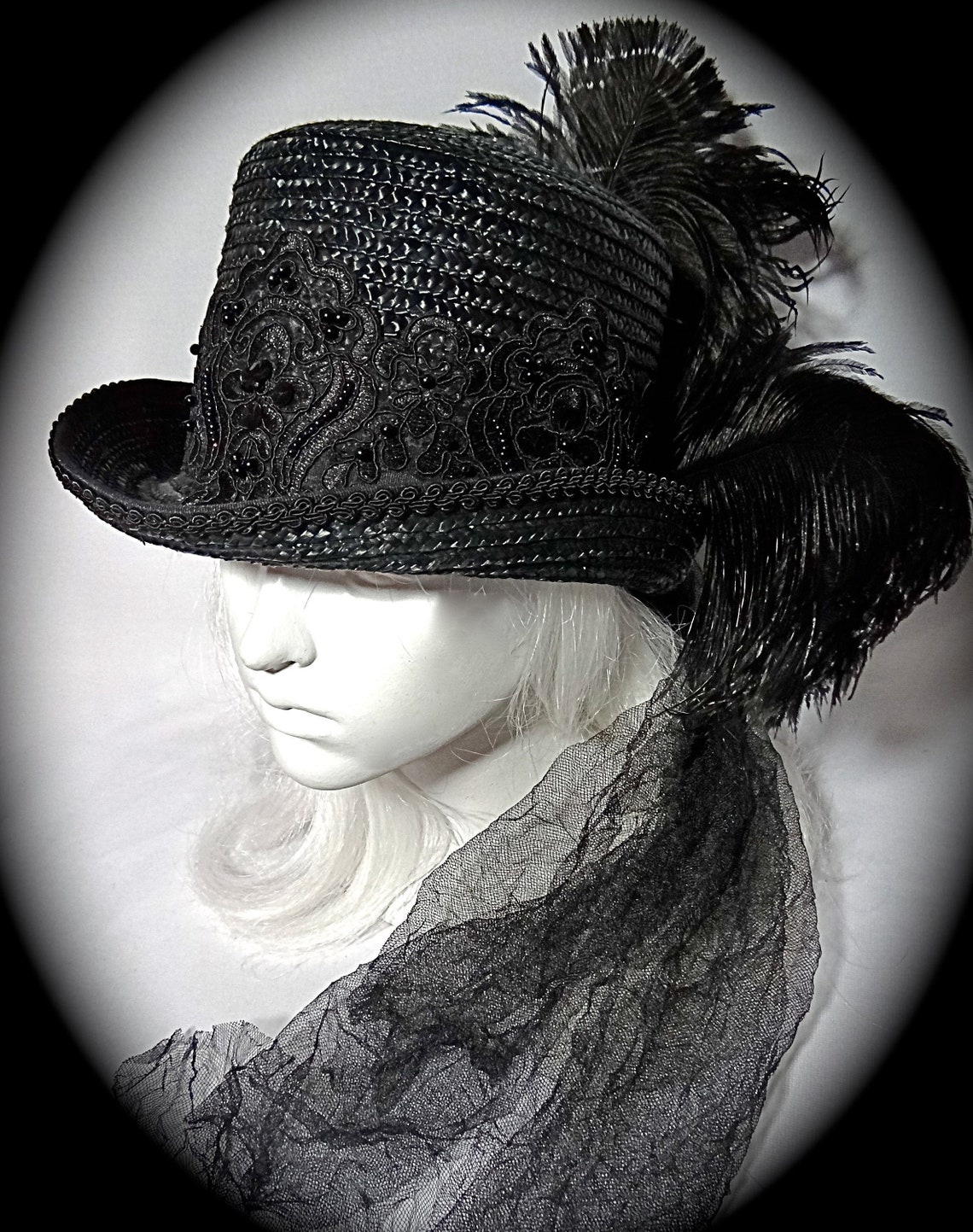 Black Straw Victorian Riding Hat Gothic Top Hat Mourning Hat | Etsy