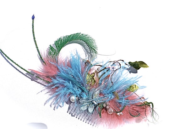 Fairy Feather Hairpiece Festival Headpiece Turquoise and Mauve | Etsy