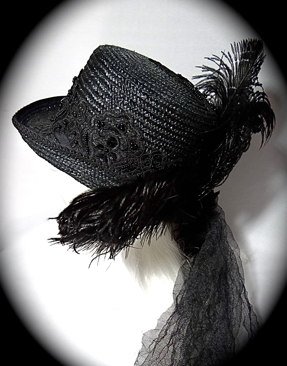 Black Straw Victorian Riding Hat Gothic Top Hat Mourning Hat - Etsy