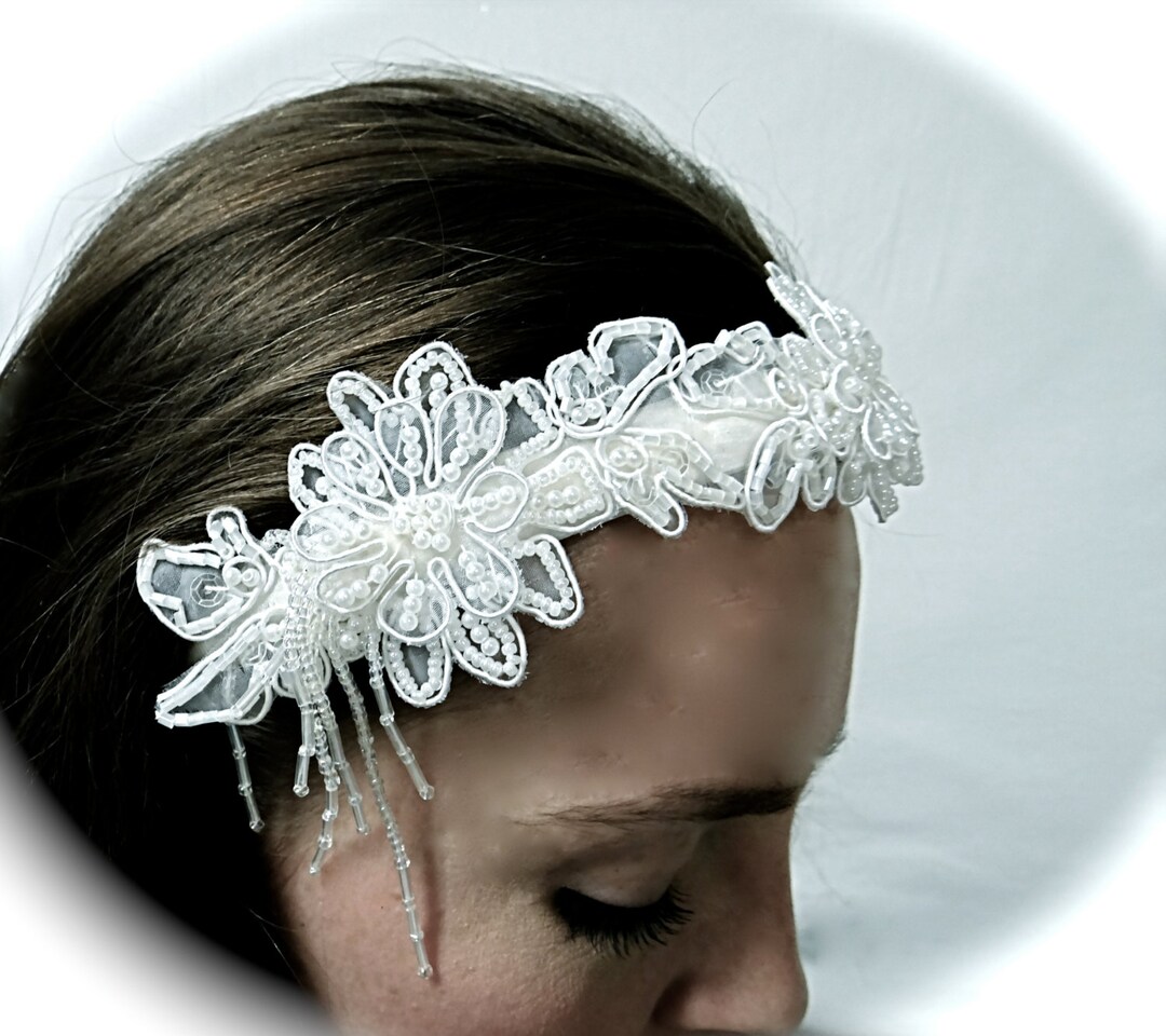 Beaded Bridal Headband Wedding Accessories White Lace & Pearl Headband ...