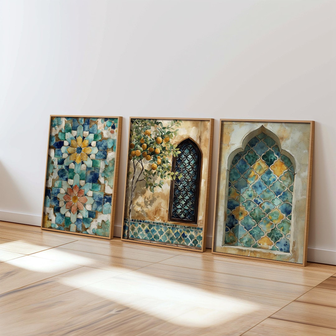 Set of 3 Moroccan Style Wall Art, Watercolor Blue Zellige Mosaic Tile ...