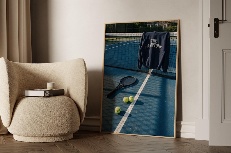 Old Money Blue Tennis Court Poster, Vintage Sports Racket & Balls Wall ...