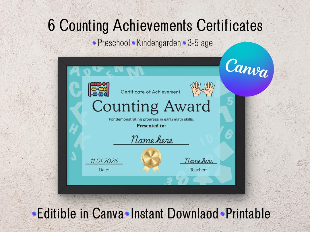 Counting Achievement Certificates | 6 Editable Math Awards for ...