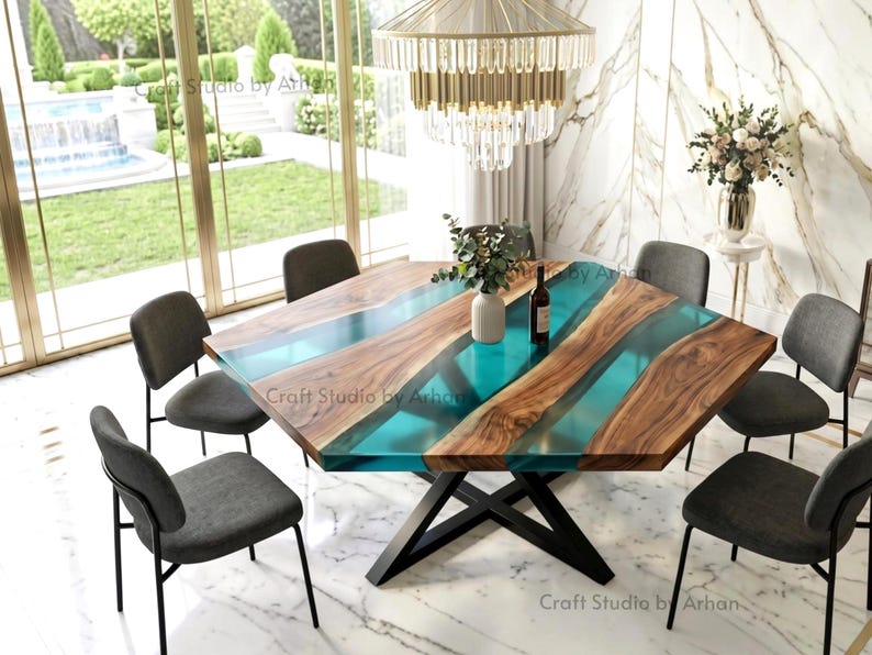 Teal Resin Wood Hexagon Dining Table | Custom Artisan Epoxy Kitchen ...