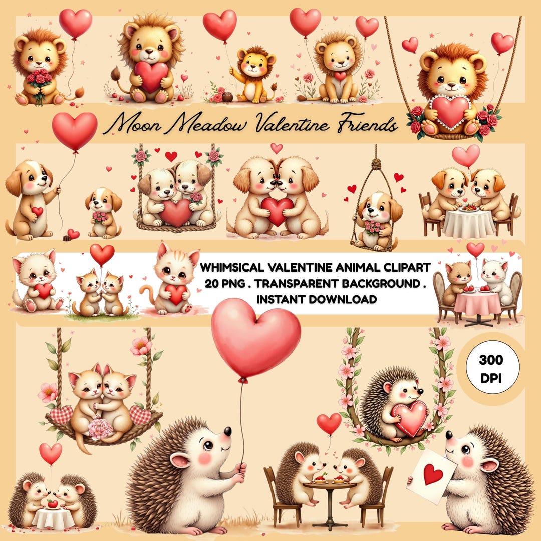 Valentine Animal Clipart Bundle, Whimsical Love PNG (digital Download ...