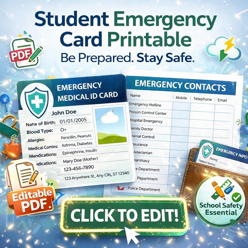Kids Emergency Medical ID Card Printable, School Emergency Contact Card ...