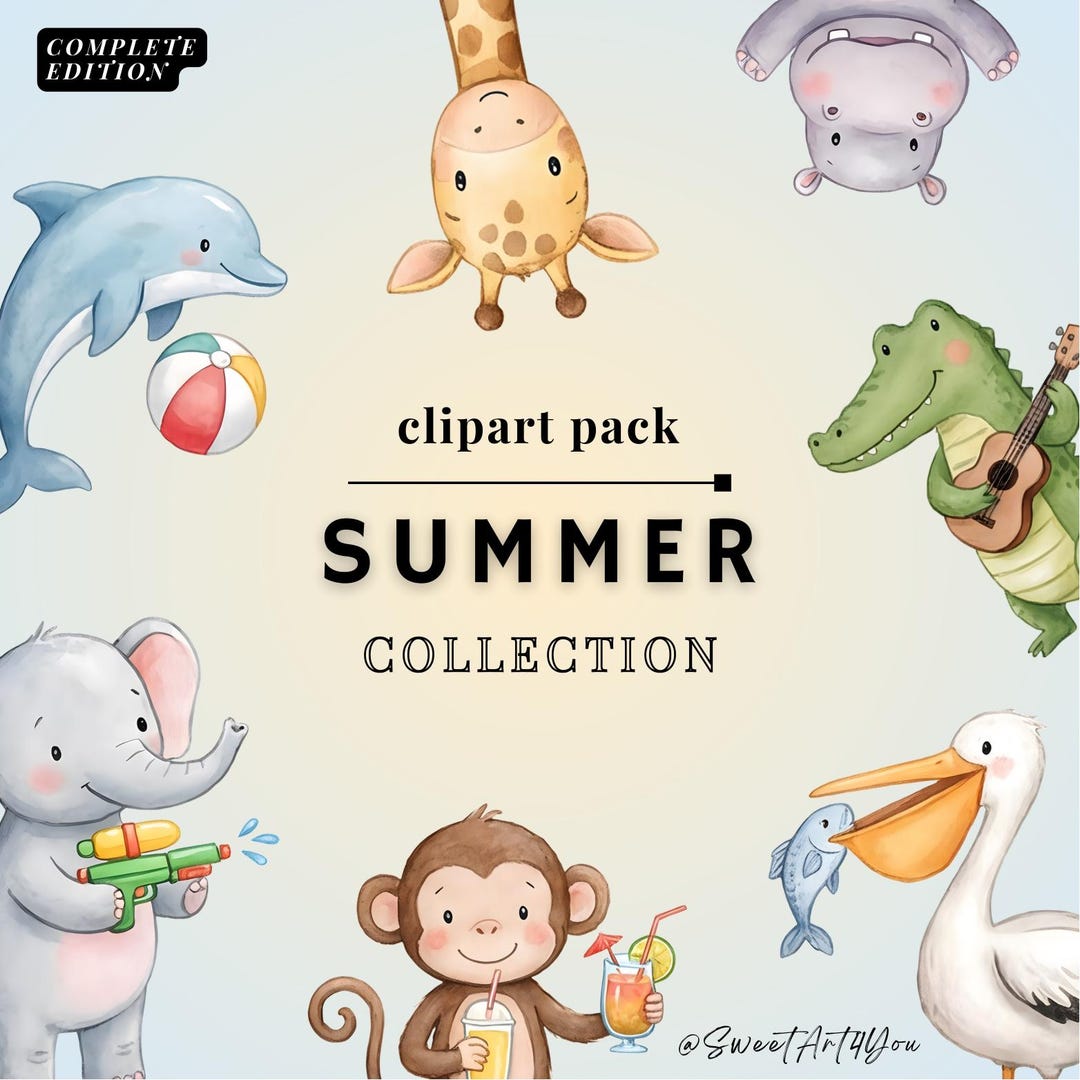 Summer Animal Clipart Bundle | Cute Beach Animals & Summer Objects PNG ...