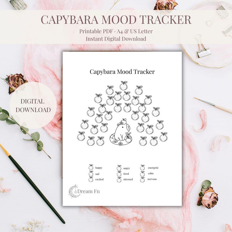 Capybara Mood Tracker Printable PDF, Monthly Mental Health Chart (A4/US ...