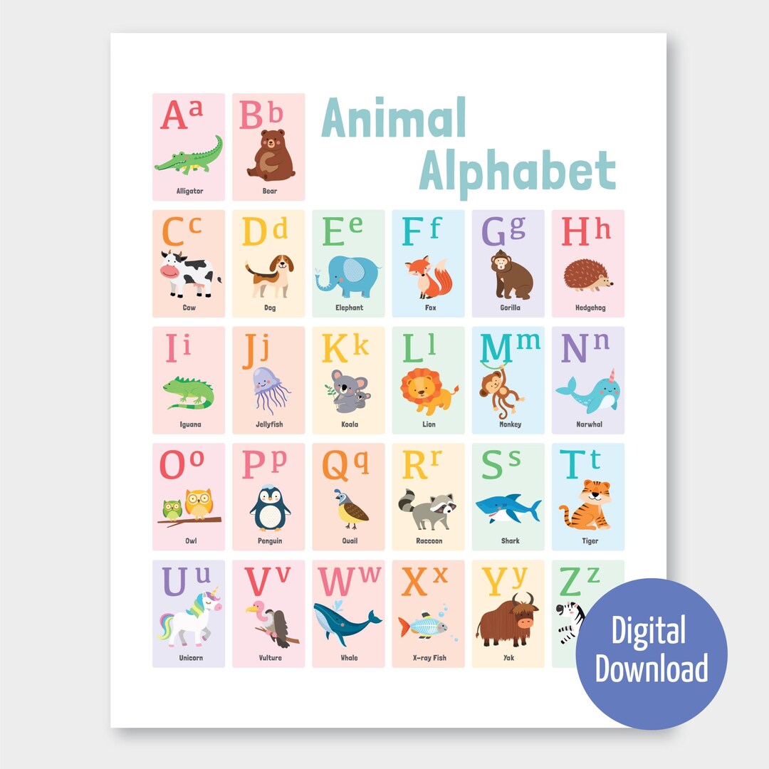 A-Z Animal Alphabet Poster, Printable Wall Art, Kids Learning Print ...