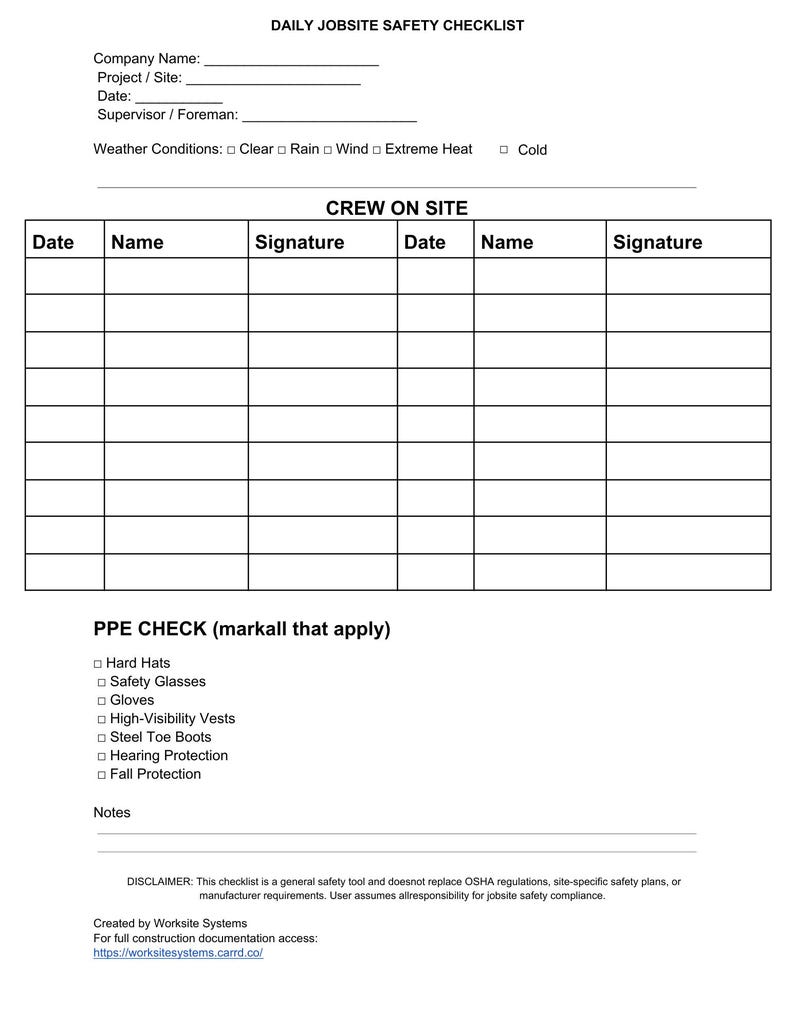 Daily Jobsite Safety Checklist | Construction Safety Form | Printable ...