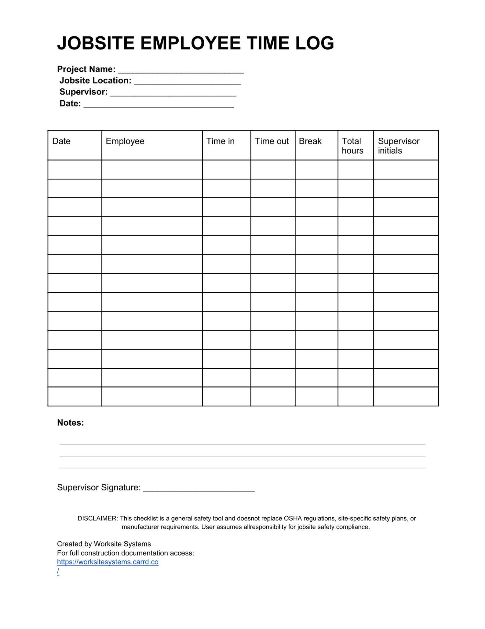 Jobsite Employee Time Log | Construction Crew Time Sheet | Daily Time ...