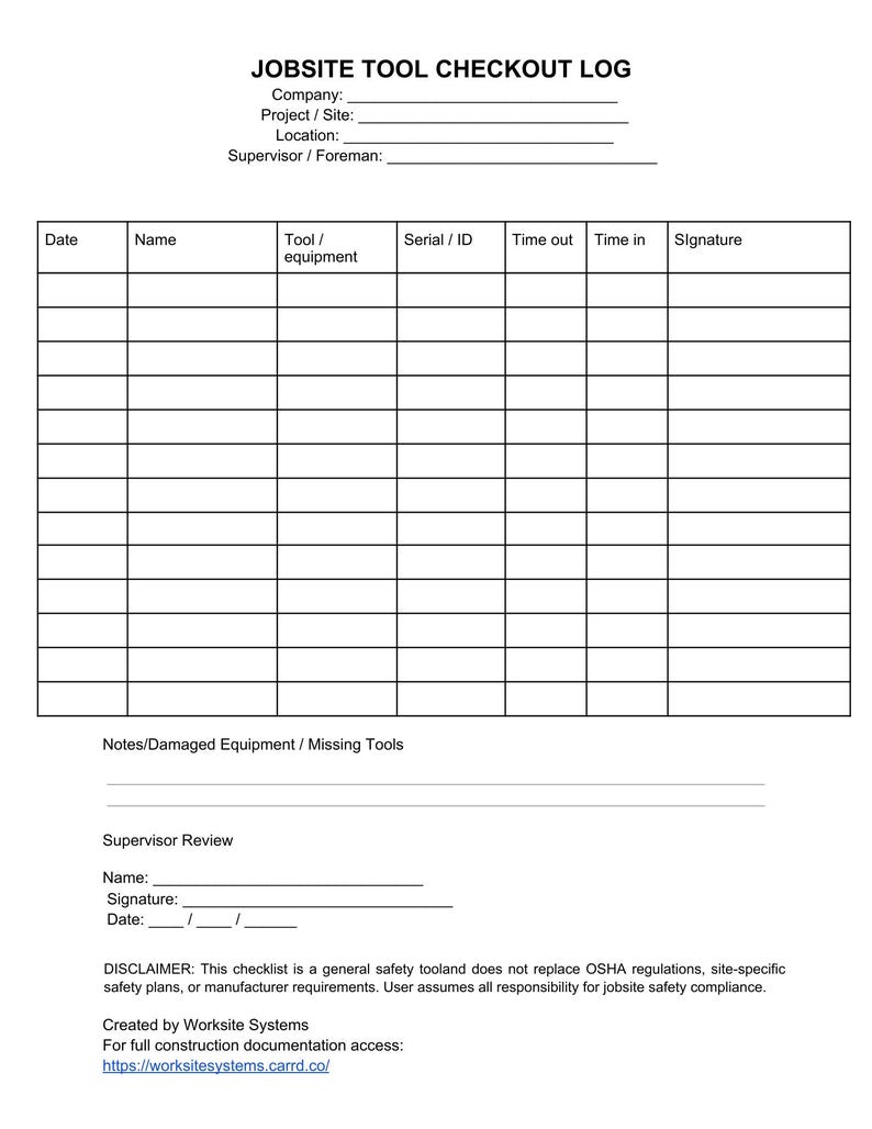 Jobsite Tool Checkout Log PDF | Construction Tool Sign Out Sheet ...