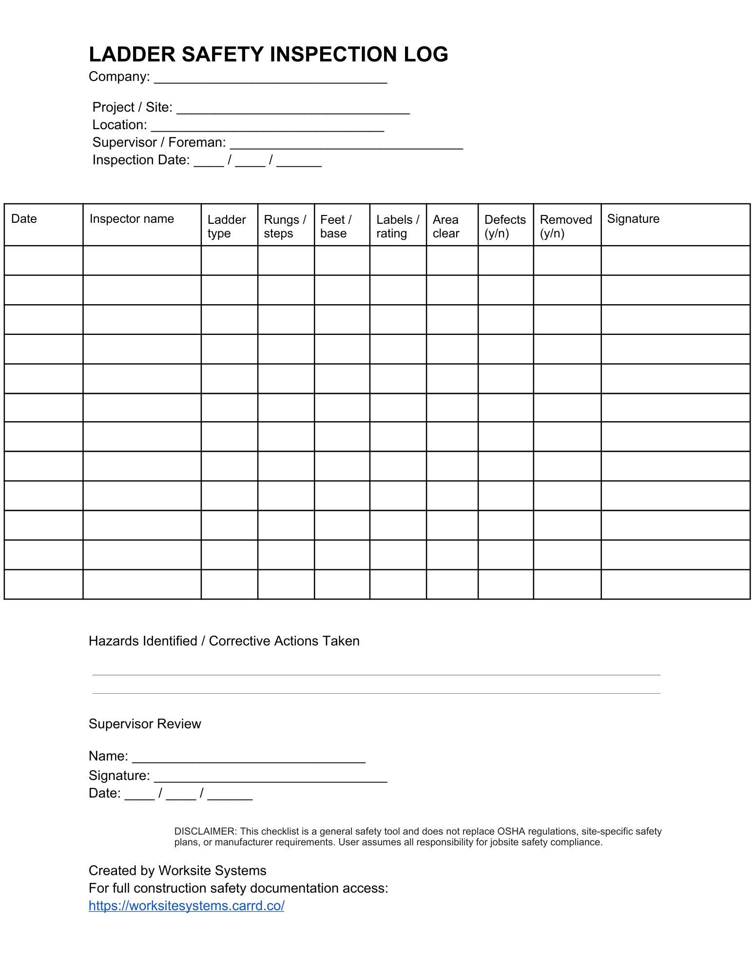 Ladder Safety Inspection Log PDF | Construction Ladder Checklist ...