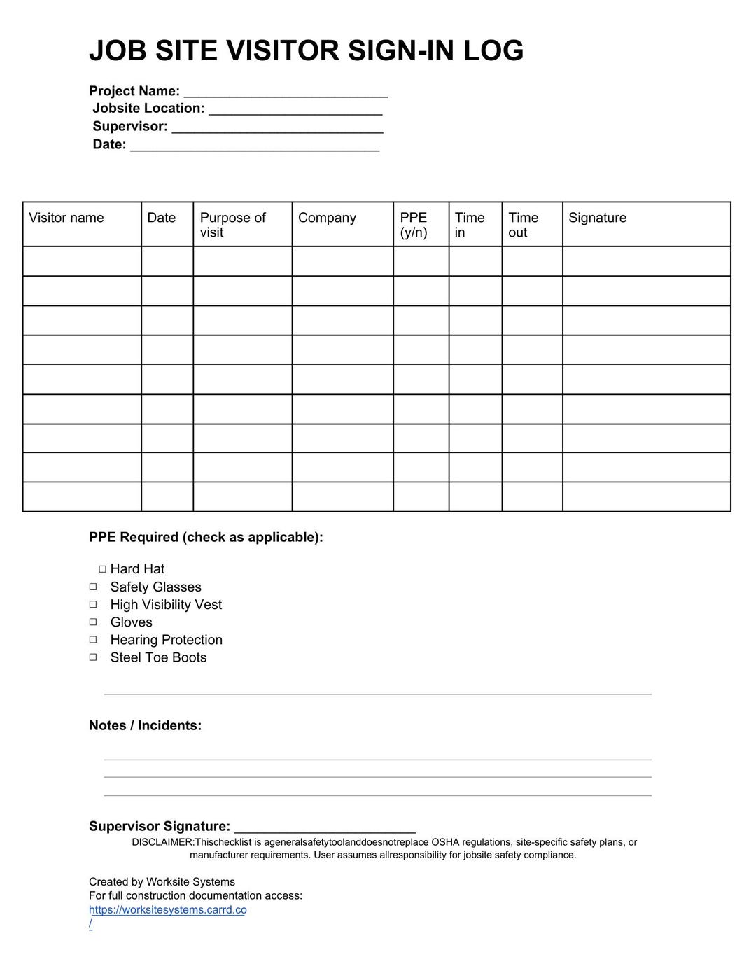 Jobsite Visitor Sign-in Log | Construction Site Visitor Register ...