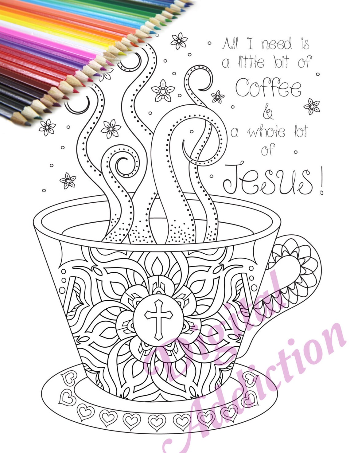 Coffee and Jesus Zentangle Christian Coloring Page Printable Doodle ...