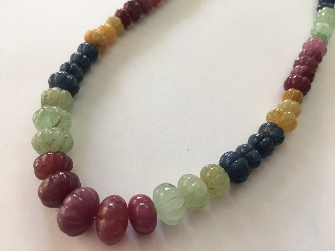 Emerald Multi Sapphire Melon Carving Necklace Wt 349 Carats Size 7.2x2 ...