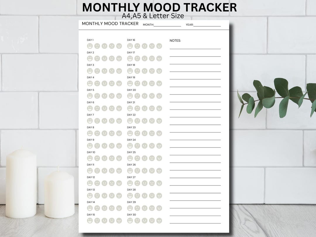 Monthly Mood Tracker, Printable Journal Page, Emotion Tracker, Daily ...