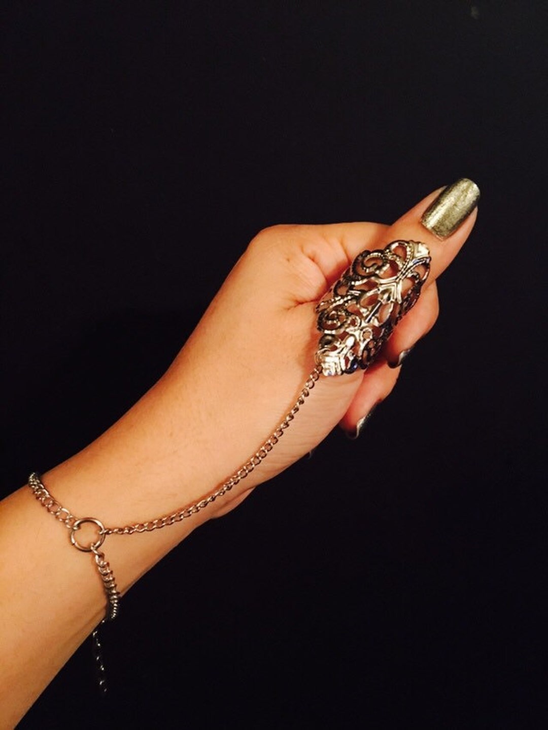 Thumb Harness Ring, or Chain Ring in Dull Silver Color Filigree, the ...