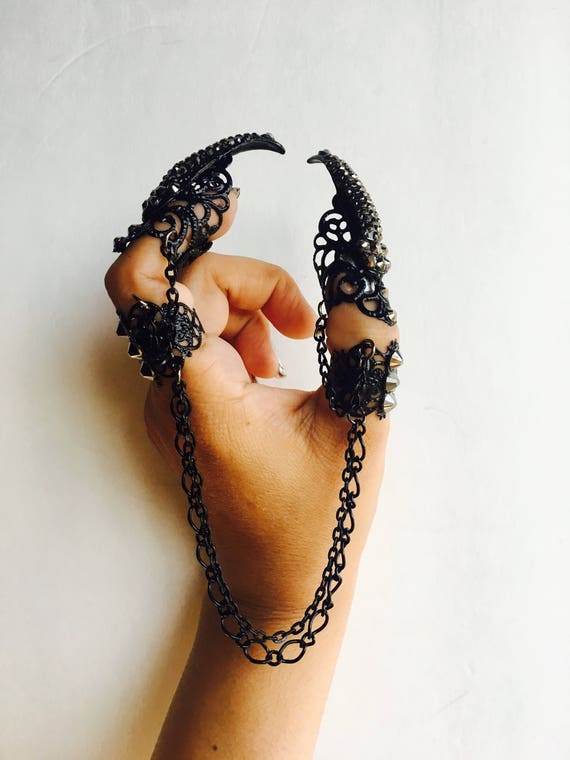 Dark Witch Chained Claw Ringsblack Clawsnail Tipsnail - Etsy