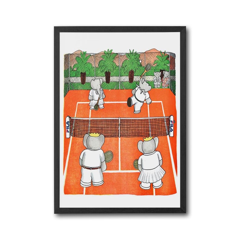 Arte de parede retrô com Babar, o elefante, jogando tênis, decoração ...
