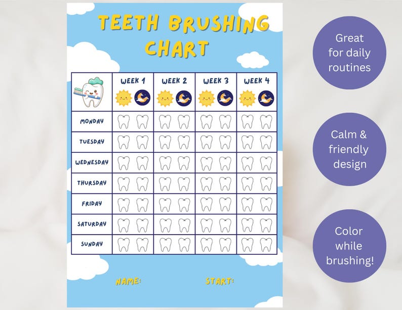 Teeth Brushing Chart for Kids – Printable Tooth Brushing Reward Tracker ...