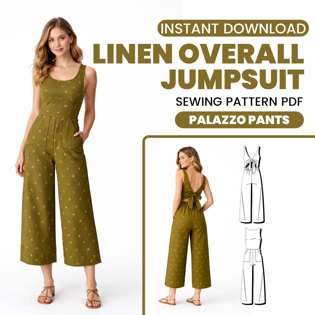 Linen Jumpsuit Sewing Pattern – Wide Leg Palazzo Pants (instant ...