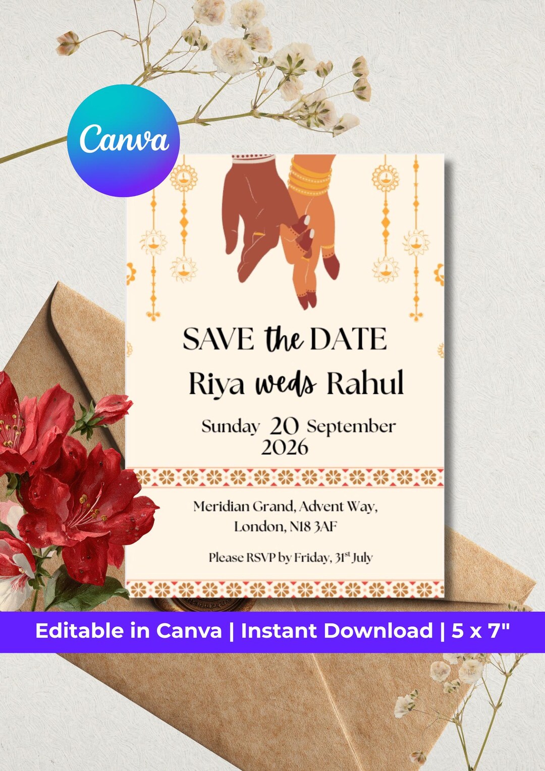 Minimalist Indian Save the Date Template | Henna Indo-western Wedding ...