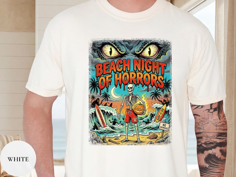 Beach Night of Horrors Shirt, Summerween Tee, Skeleton Lifeguard Tee ...