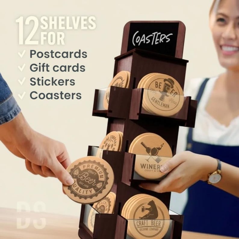 3 Tier Rotating Wooden Display Stand Sticker and Coaster Organizer ...