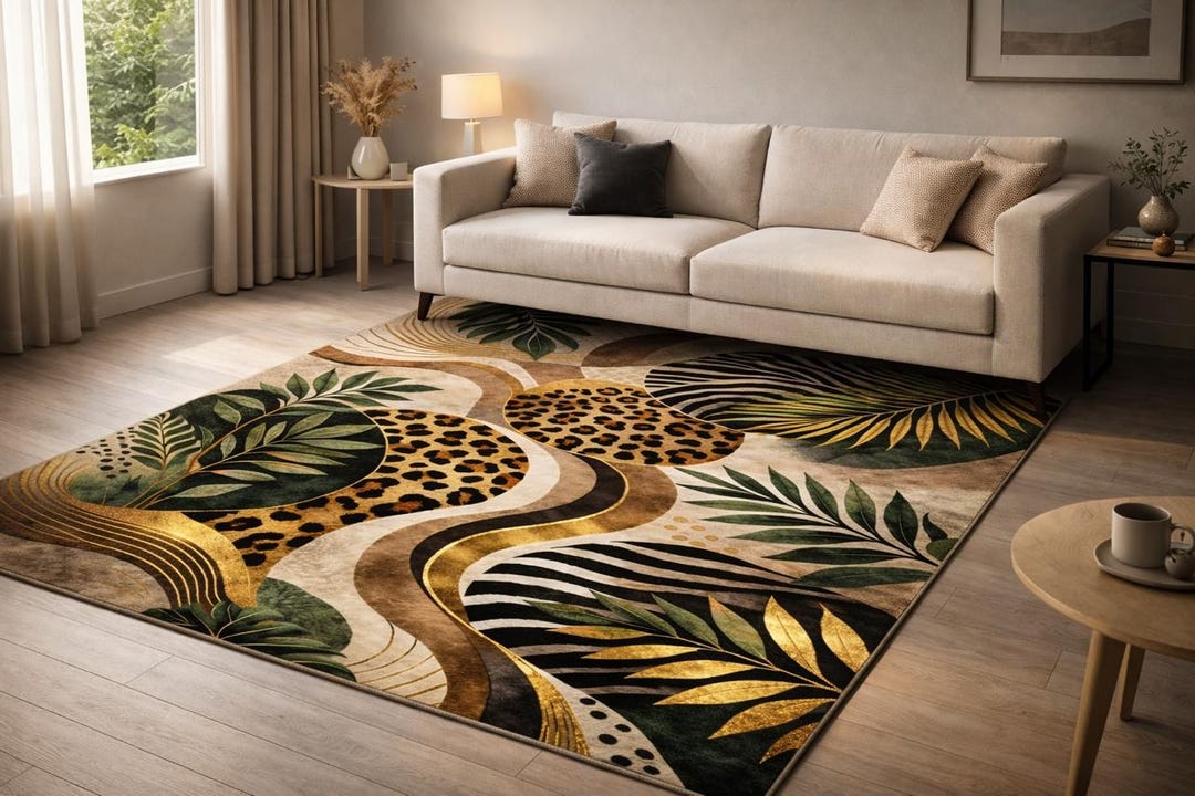 Safari Jungle Tufted Rug – Leopard Zebra Print Tropical Leaf Carpet - Etsy