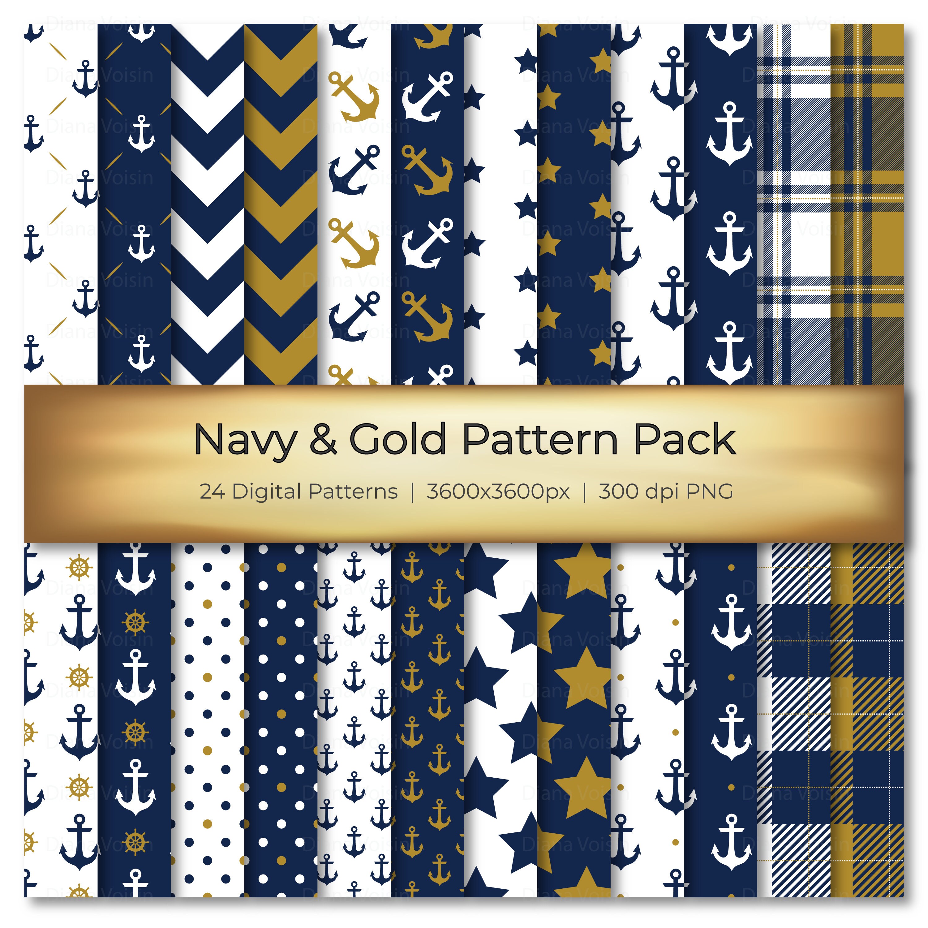 Navy Blue and Gold Digital Seamless Pattern Pack - Digital Backgrounds ...