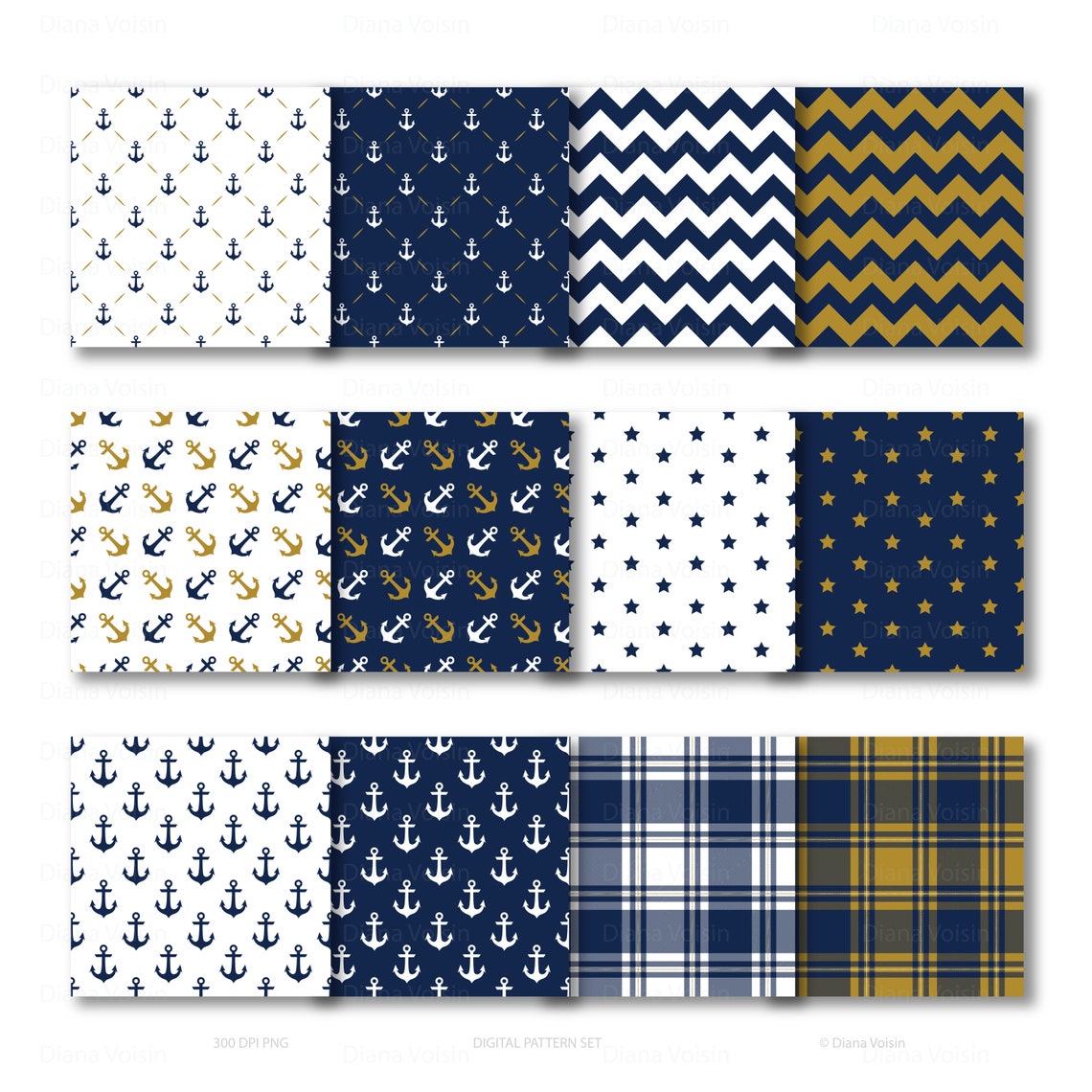 Navy Blue and Gold Digital Seamless Pattern Pack Digital Backgrounds in ...