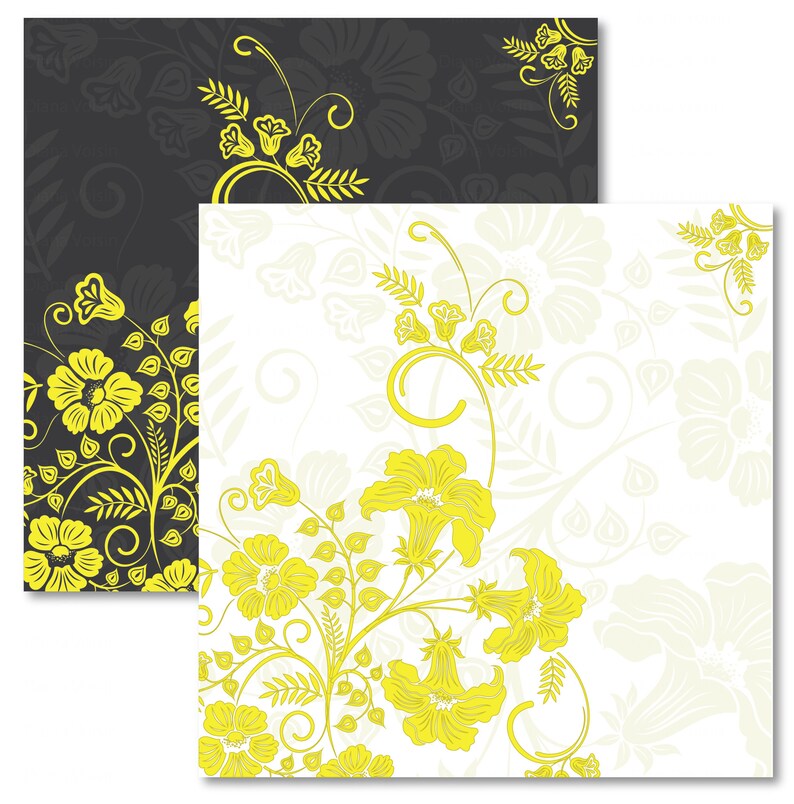 Yellow & Black Floral Digital Scrapbooking Paper Deluxe Bright - Etsy