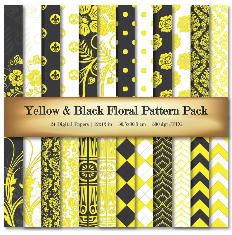 Yellow & Black Floral Digital Scrapbooking Paper Deluxe Bright - Etsy