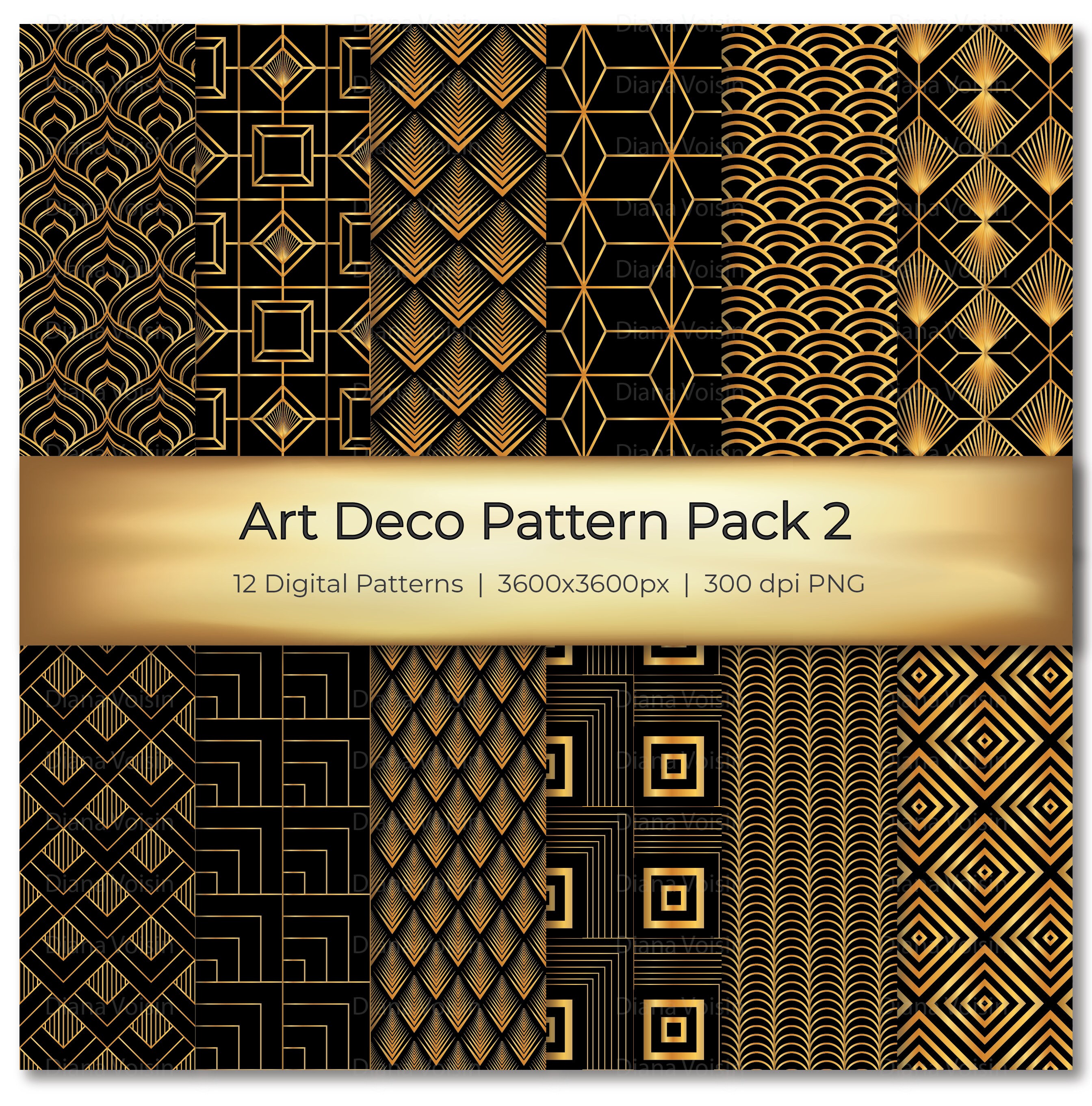 Art Deco Digital Scrapbook Paper Black & Gold Geometric Vintage Style ...
