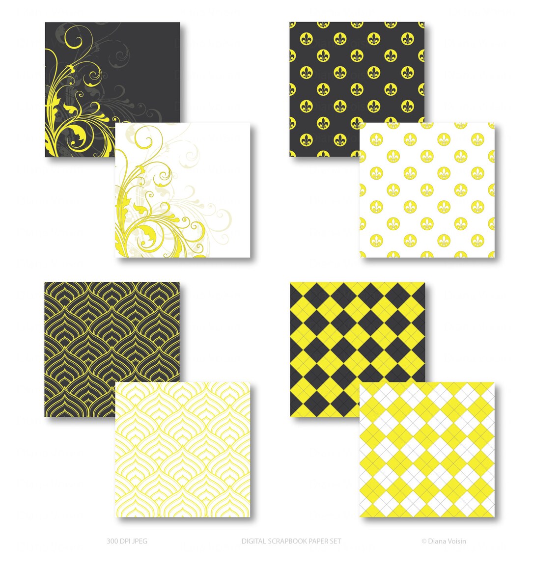 Yellow & Black Floral Digital Scrapbooking Paper Deluxe Bright | Etsy