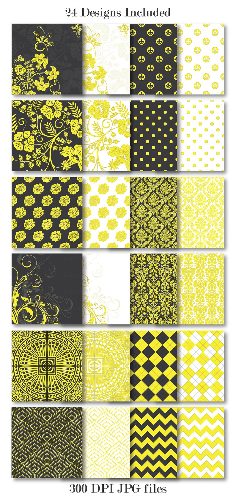Yellow & Black Floral Digital Scrapbooking Paper Deluxe Bright - Etsy