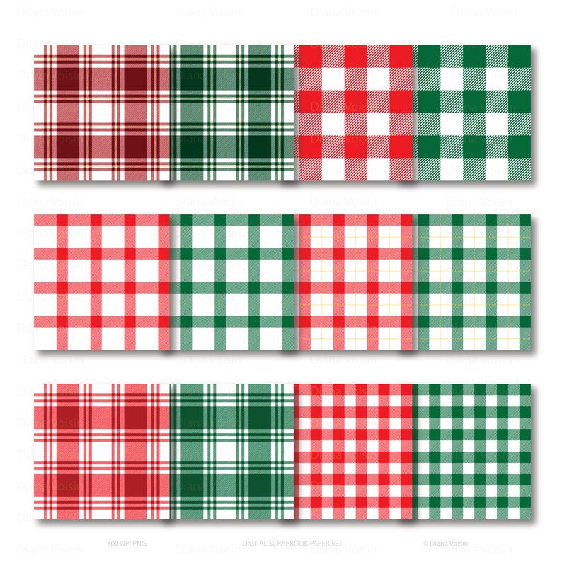 Seamless Flannel Plaid Digital Patterns Set - Red White & Green White ...