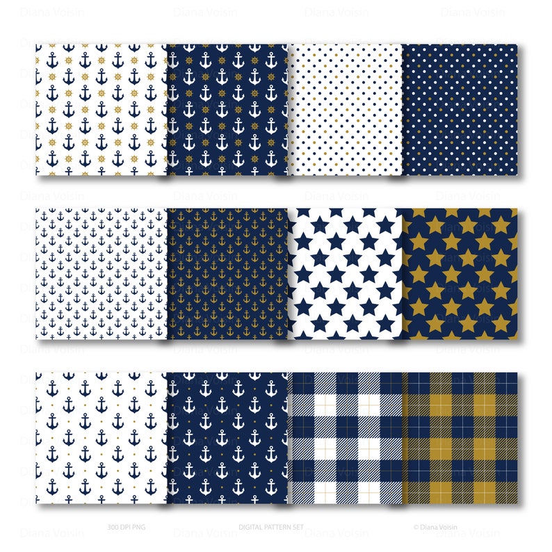 Navy Blue and Gold Digital Seamless Pattern Pack Digital Backgrounds in ...
