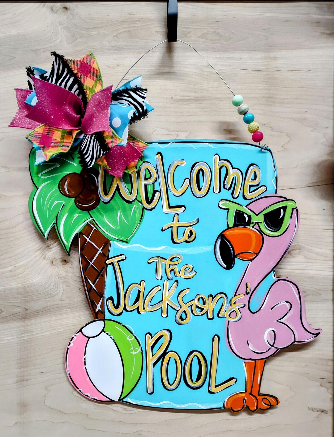 Personalized Pool Decor, Flamingo Door Hanger, Welcome to Our Pool - Etsy