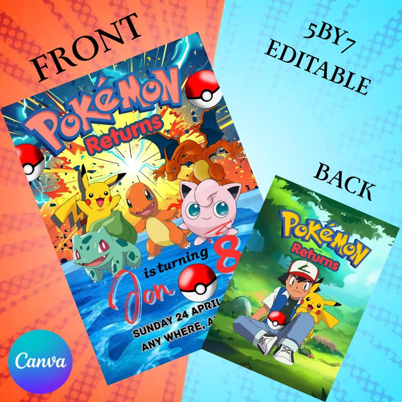 Editable Pokemon Birthday Invitation Template, Printable Digital Party ...