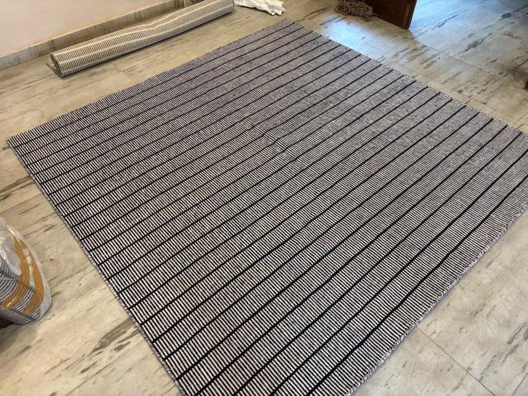 Scandinavian Flatweave Rug, Navy Grid Pattern Carpet, Swedish Woven ...
