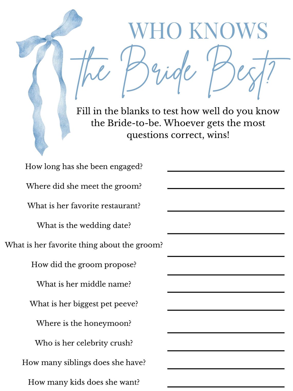 Who Knows the Bride Best? - Printable Bridal Shower Game - Etsy