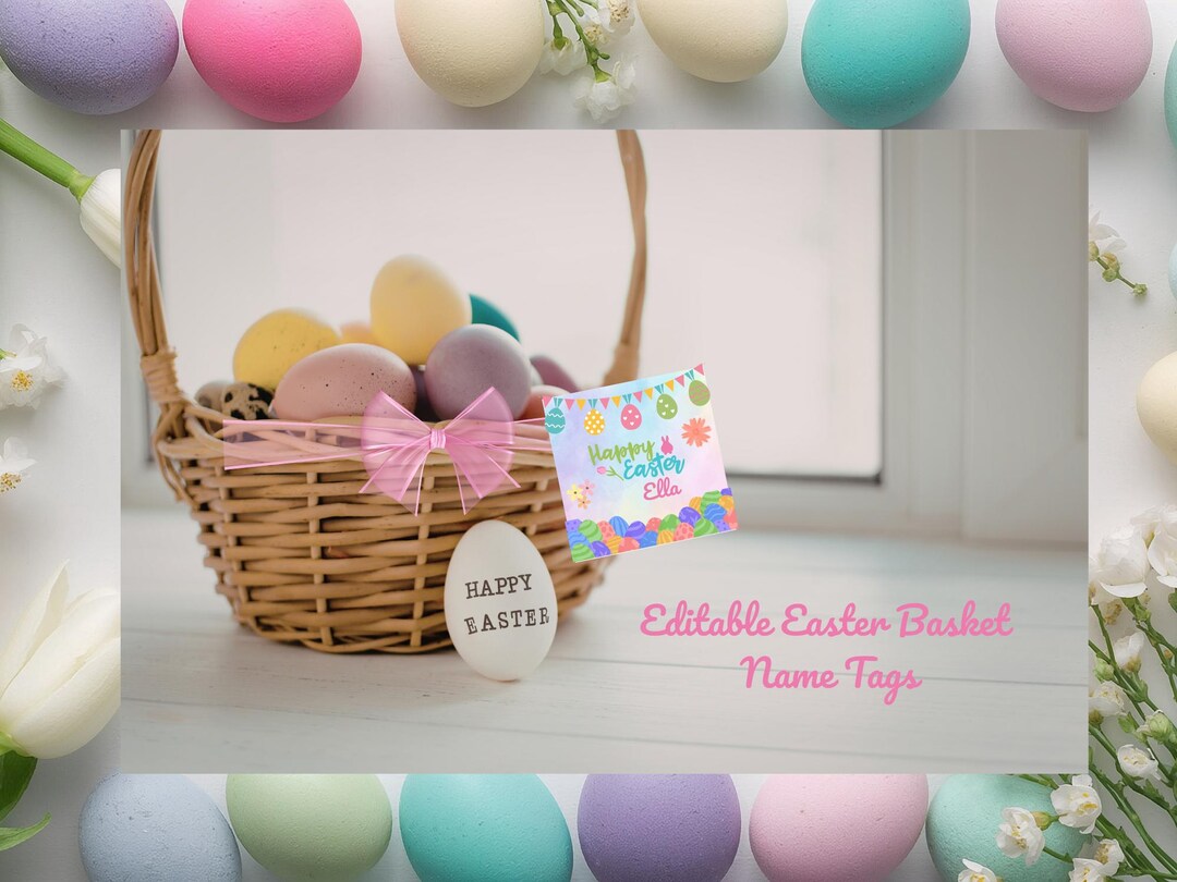 Editable Pastel Easter Basket Name Tag | Bunny Design (digital Download ...