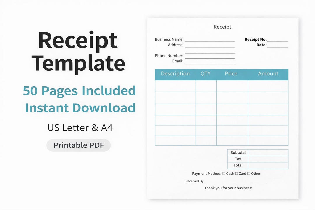 Printable Receipt Book PDF (50 Pages) | Small Business Receipt Template ...