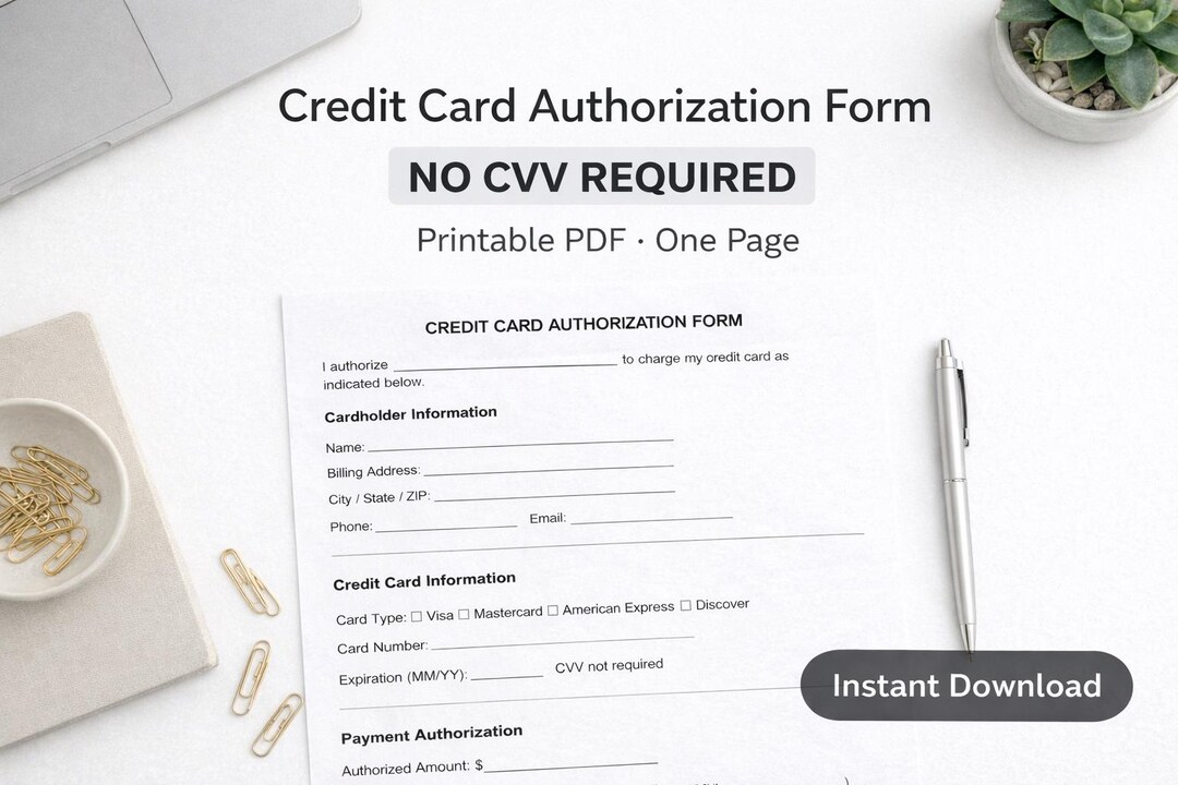 Credit Card Authorization Form – No CVV Required – Printable PDF - One ...