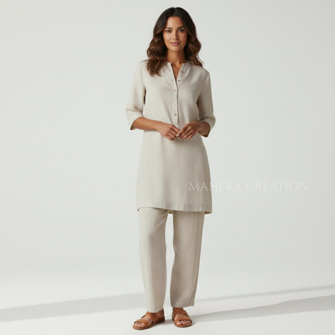 Linen Tunic Top and Straight Pants Set, Modest Summer Co Ord Outfit - Etsy